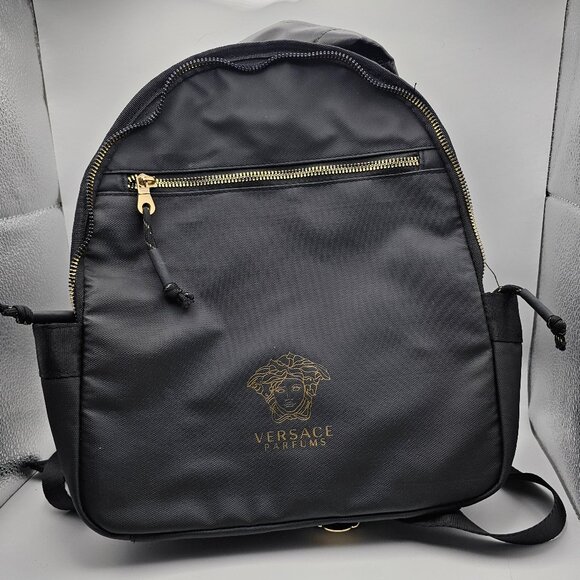 Bags | Versace Parfums Black Backpack Gold Medusa Emblem | Poshmark